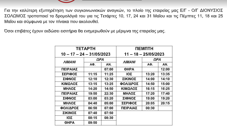 Τροποποίηση δρομολογίων του "Δ.Σολωμός"